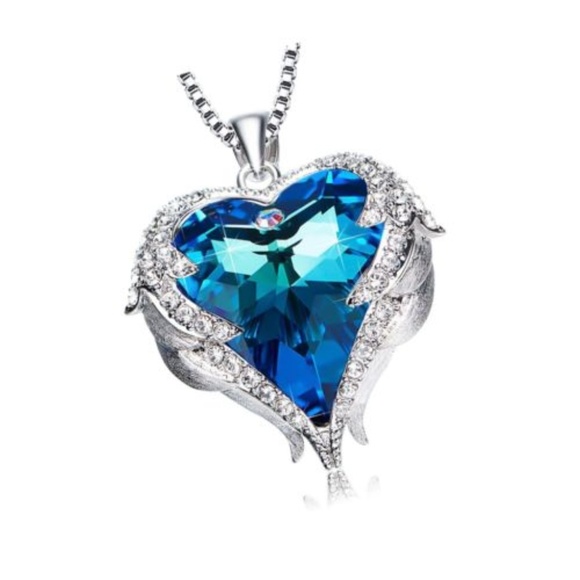 Jewelry | Angel Wings Crystal Heart Pendant Necklace Blue | Poshmark